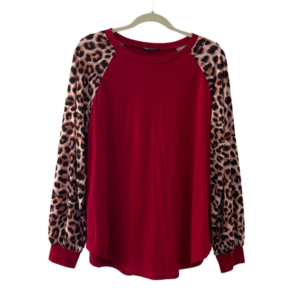 SHEIN | Tops | Leopard Print Red Color Block Long Sleeve Top Blouse ...